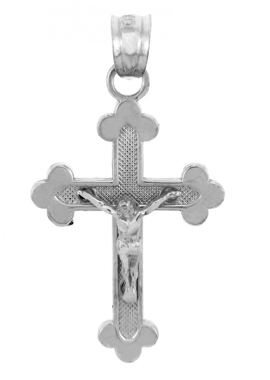 Solid 14k White Gold Budded Cross Charm Crucifix Pendant