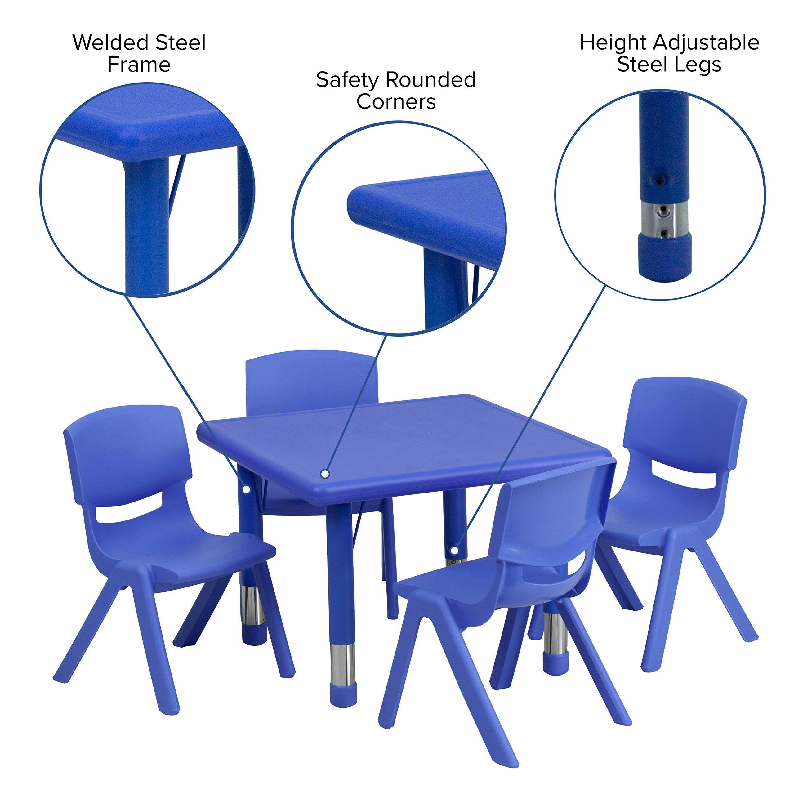 Flash Furniture 24'' Square Blue Plastic Height Adjustable Activity Table Set with 4 Chairs