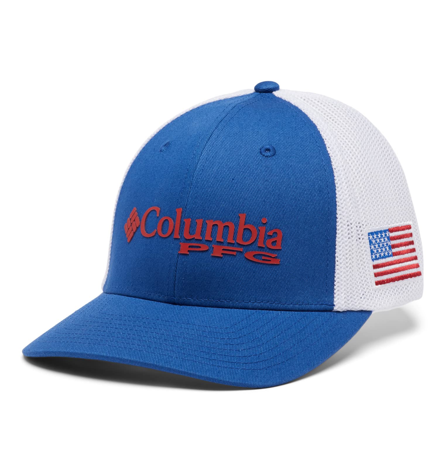 Columbia Unisex PFG Mesh Ball Cap, Mountain Blue/Us Flag, L/XL