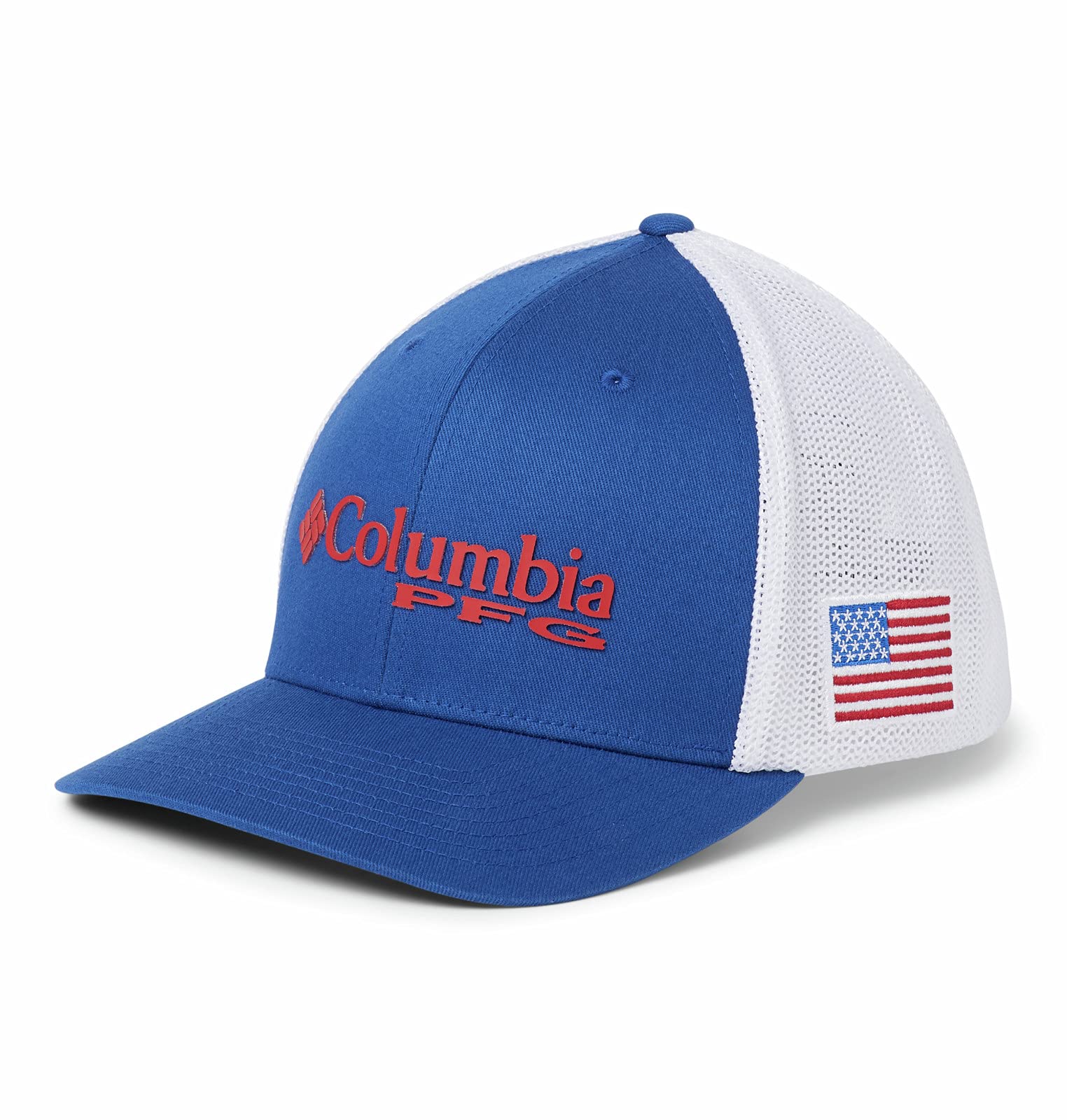 Columbia Unisex PFG Mesh Ball Cap, Mountain Blue/Us Flag, L/XL