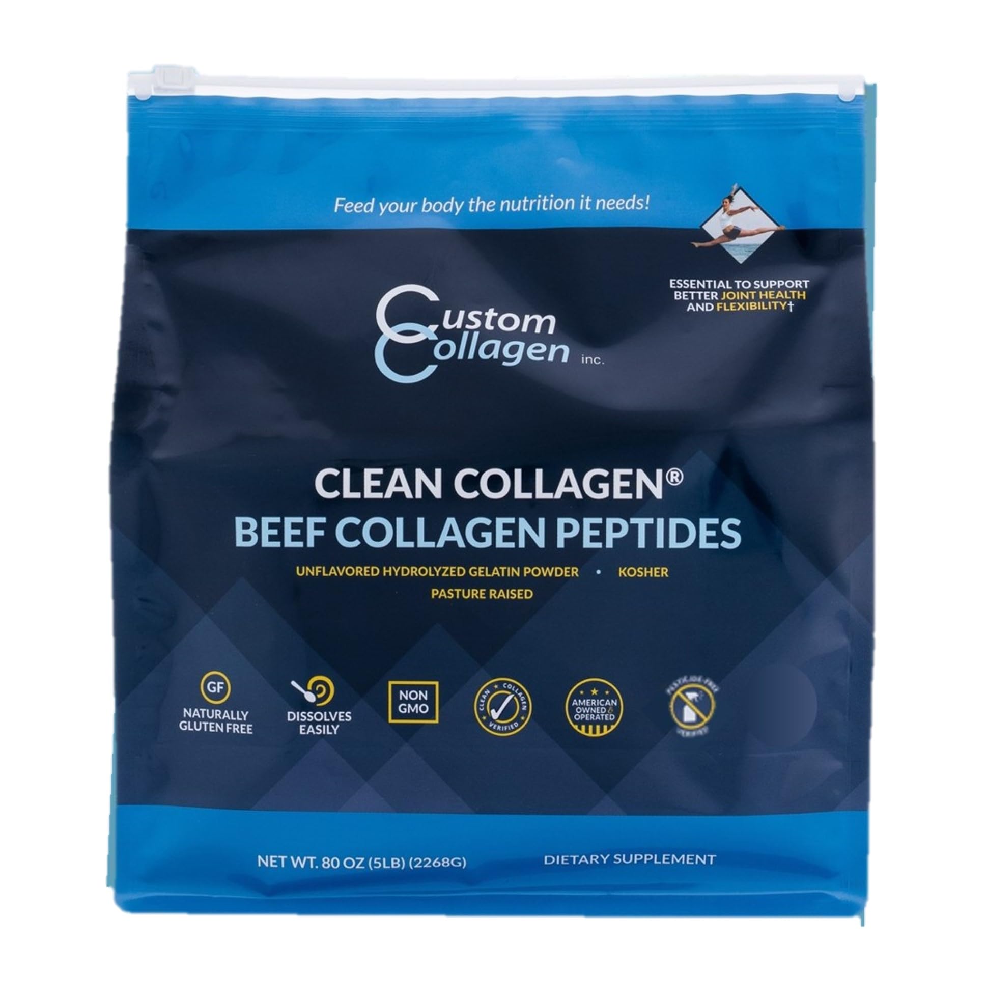 Collagen Peptides Powder 5lb (80oz) Pouch - Clean Collagen® - Unflavored, Grass Fed, Paleo, Non GMO, Kosher - Highly Soluble Protein