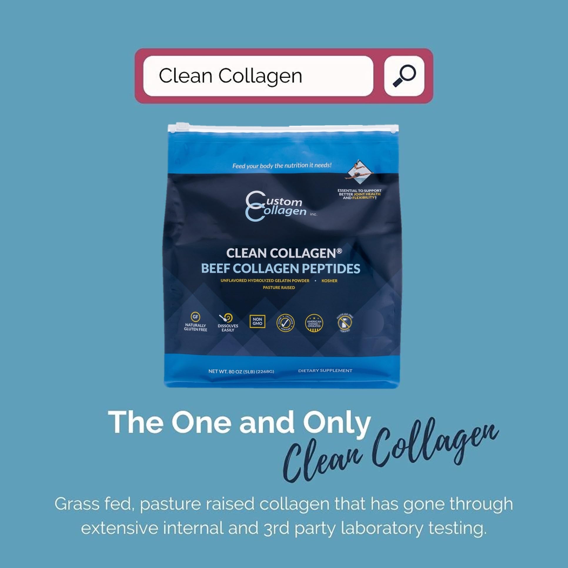 Collagen Peptides Powder 5lb (80oz) Pouch - Clean Collagen® - Unflavored, Grass Fed, Paleo, Non GMO, Kosher - Highly Soluble Protein