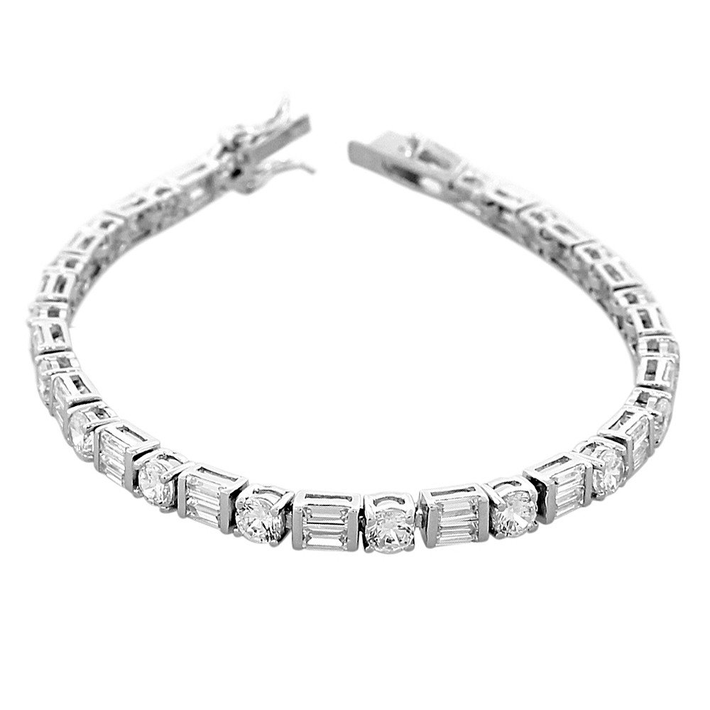 My Daily Styles 925 Sterling Silver Round Baguette White Clear CZ Classic Tennis Bracelet