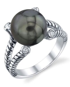 the pearl source 11-12mm genuine black tahitian south sea cultured pearl & cubic zirconia braided ring for women