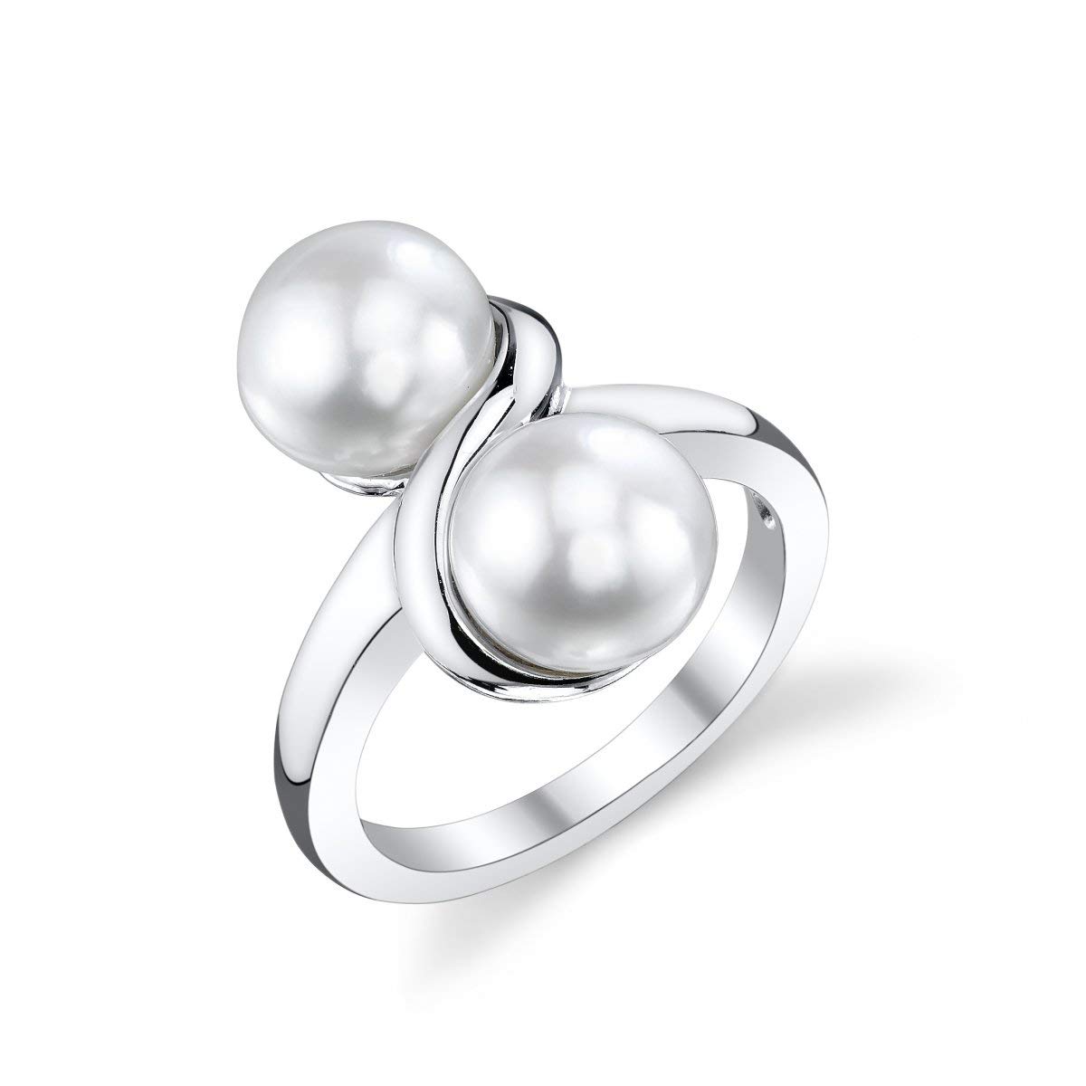 The Pearl Source 7-8mm Genuine White Freshwater Cultured Pearl Double White Ring for Women