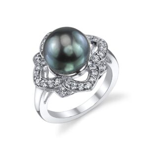 the pearl source 10-11mm genuine black tahitian south sea cultured pearl & cubic zirconia june ring for women