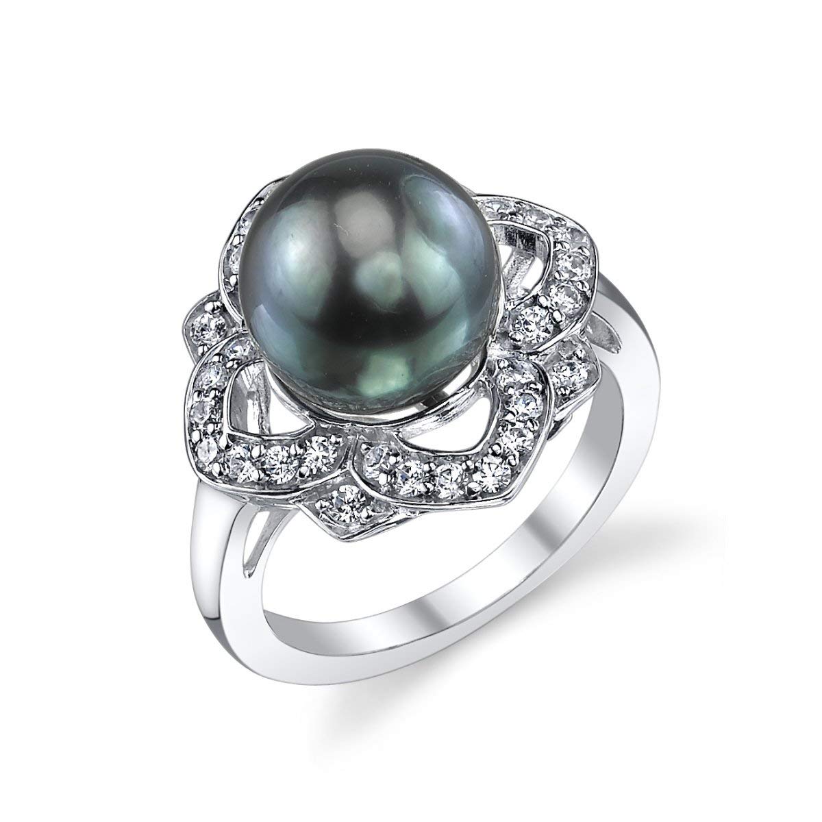 The Pearl Source 10-11mm Genuine Black Tahitian South Sea Cultured Pearl & Cubic Zirconia June Ring for Women