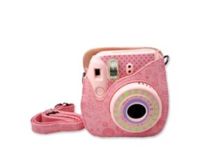 cartoon pu leather shoulder case with free shoulder strap for fujifilm instax mini 8 - pink