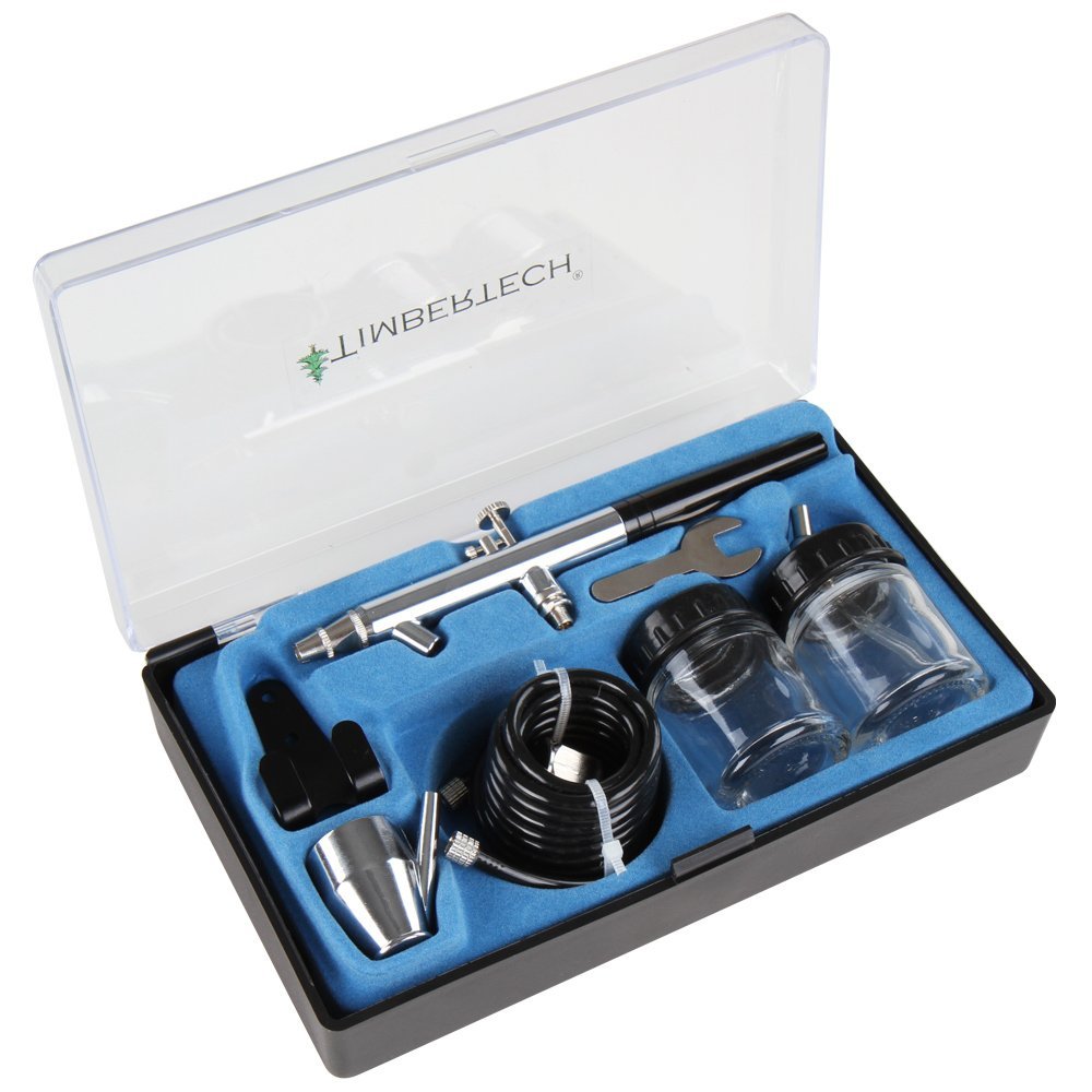 Timbertech Airbrush Kit With Compressor ABPST06 With 2 Basic Airbrushes for Hobby, Body Tattoo, Model Painting, Automotive Graphic, Make-up (110-120V)