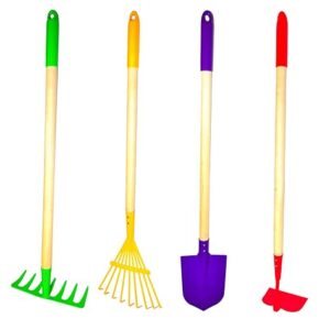 JustForKids Kids Garden Tool Set Toy, Rake, Spade, Hoe and Leaf Rake, reduced size , made of sturdy steel heads and real wood handle, 4-Piece, Multicolored, 5yr+