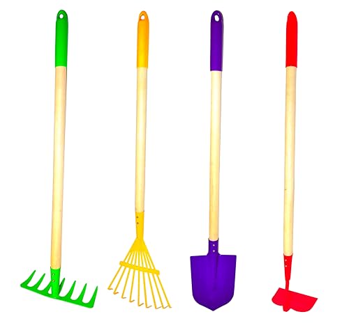 JustForKids Kids Garden Tool Set Toy, Rake, Spade, Hoe and Leaf Rake, reduced size , made of sturdy steel heads and real wood handle, 4-Piece, Multicolored, 5yr+