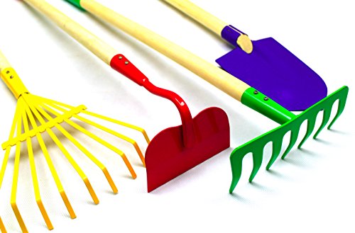 JustForKids Kids Garden Tool Set Toy, Rake, Spade, Hoe and Leaf Rake, reduced size , made of sturdy steel heads and real wood handle, 4-Piece, Multicolored, 5yr+