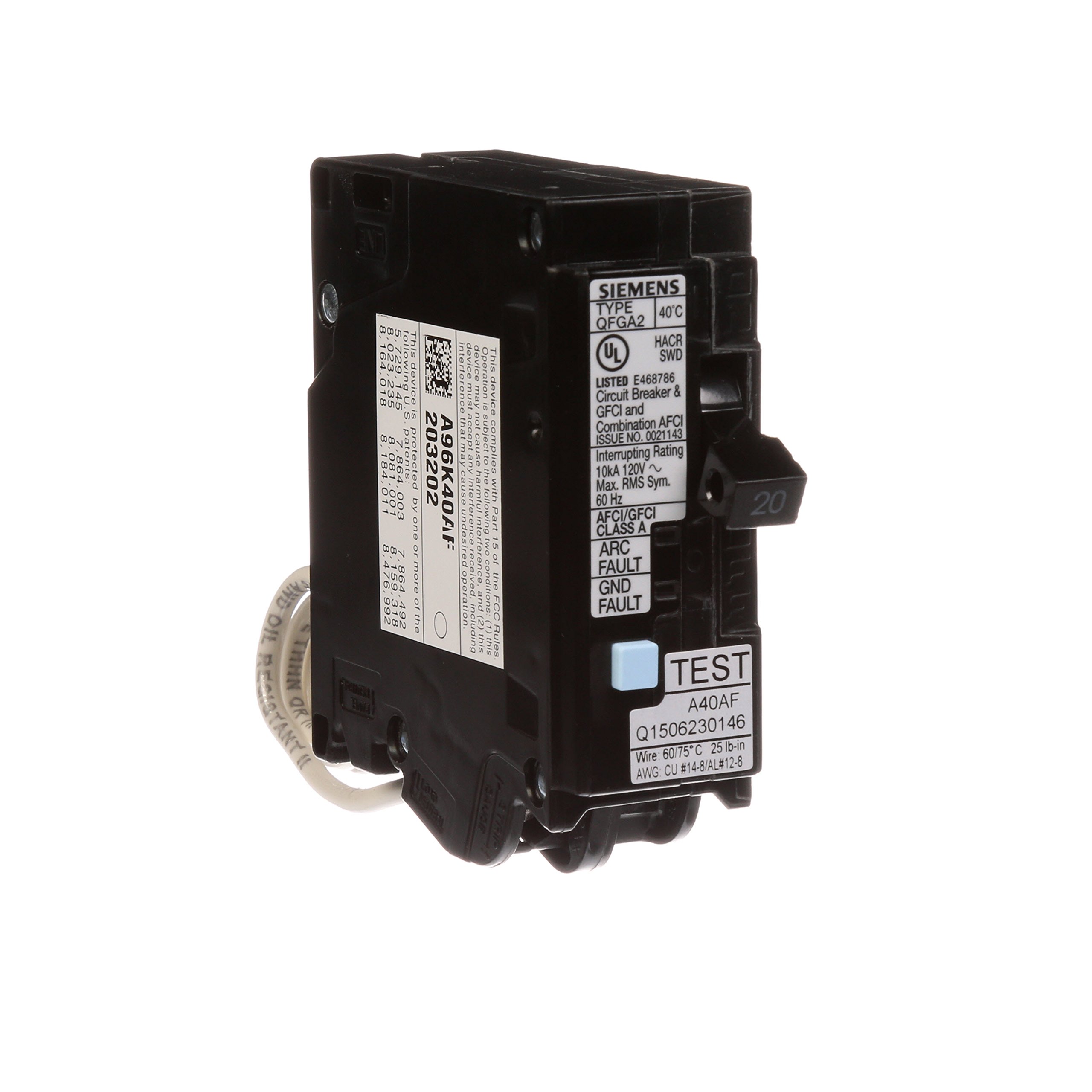 SIEMENS Q120DF 20-Amp Afci/Gfci Dual Function Circuit Breaker, Plug-in Load Center Style