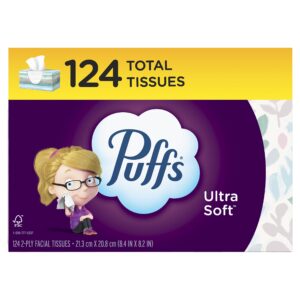 puffs ultra soft facial tissues, 1 family size box, 124 facial tissues per box