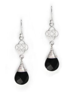 sterling silver filigree clover crystal briolette drop wire-wrapped top earrings, black