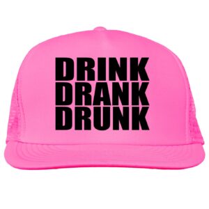 drink, drank, drunk bright neon truckers mesh snap back hat in neon pink - one size