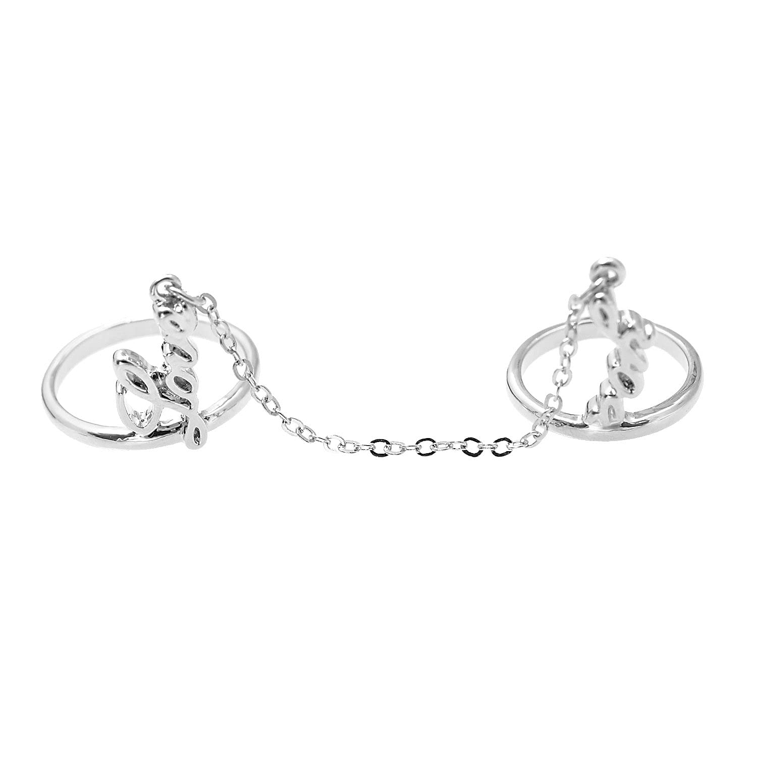 Spinningdaisy Love You Double Finger Slave Chain Ring (Silver-plated-base)