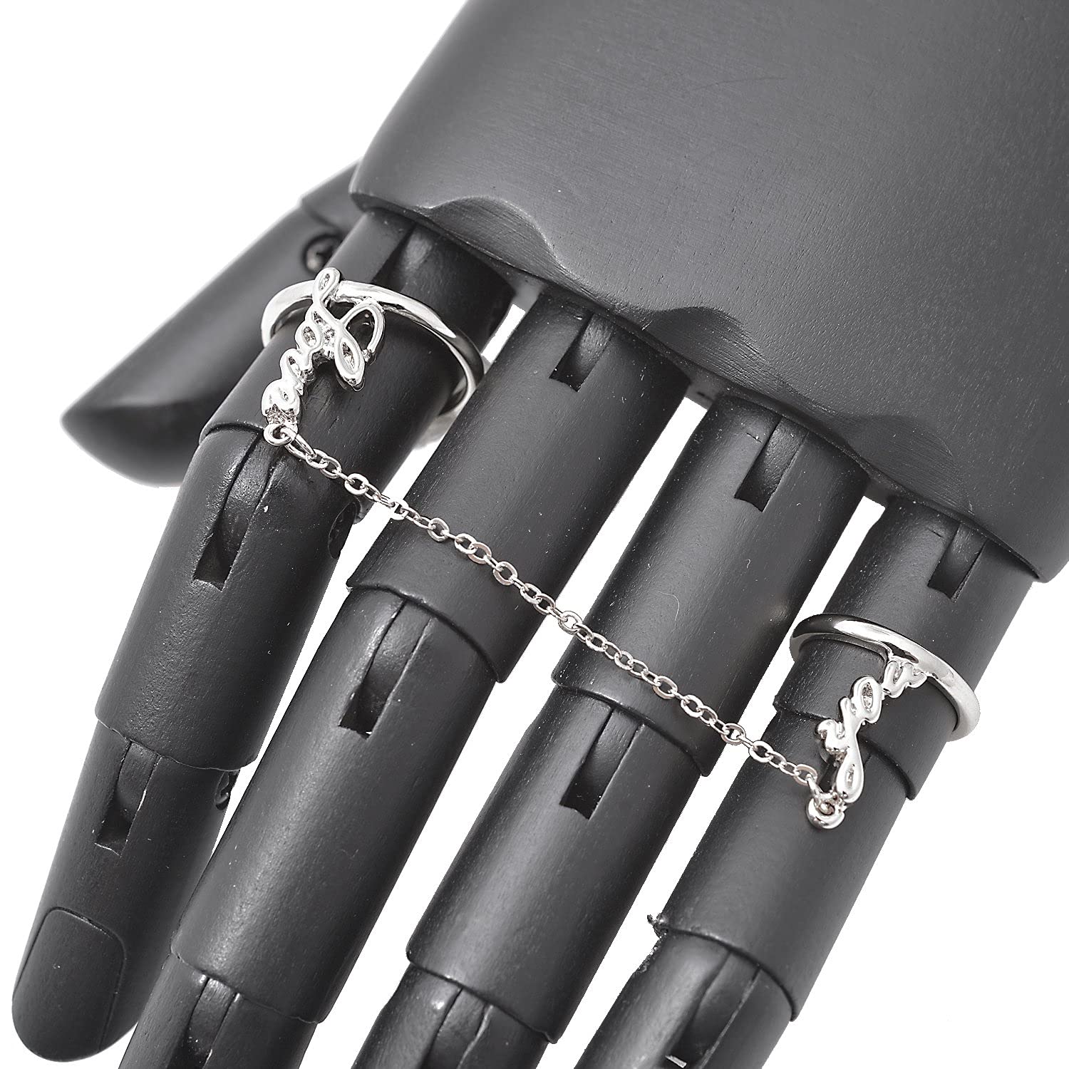 Spinningdaisy Love You Double Finger Slave Chain Ring (Silver-plated-base)