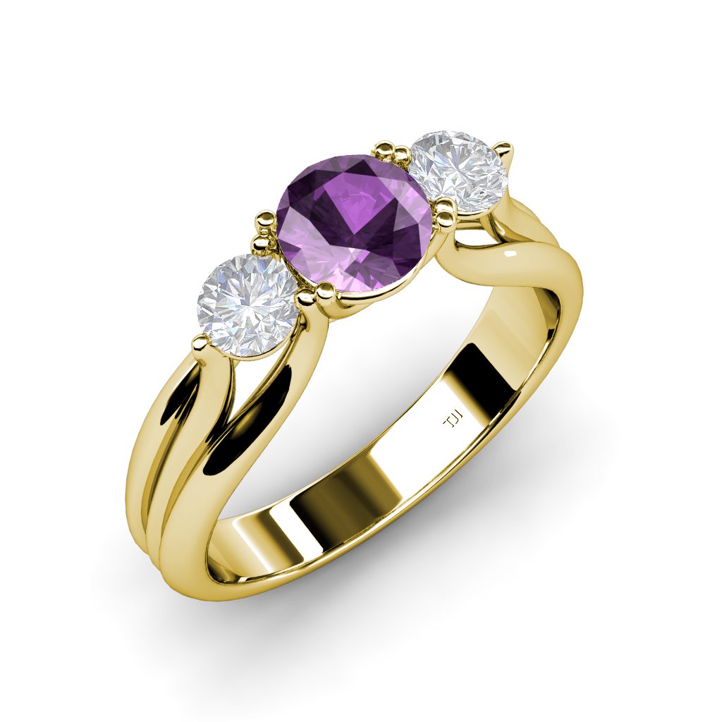 TriJewels Amethyst & White Sapphire 3 Stone Ring with Thick Shank 1.36 ctw 14K Yellow Gold.size 9.0