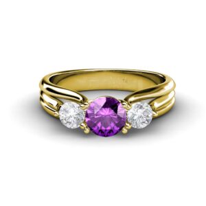 TriJewels Amethyst & White Sapphire 3 Stone Ring with Thick Shank 1.36 ctw 14K Yellow Gold.size 9.0