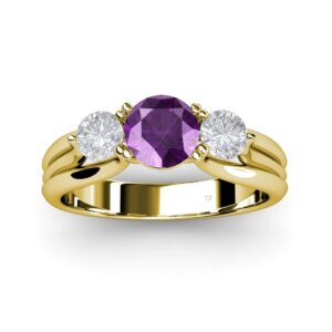 TriJewels Amethyst & White Sapphire 3 Stone Ring with Thick Shank 1.36 ctw 14K Yellow Gold.size 9.0