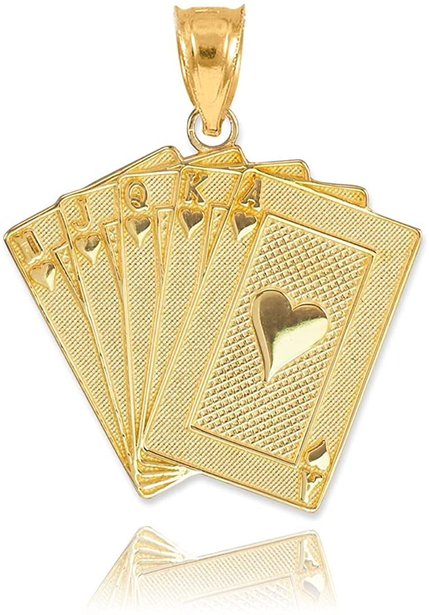 10K Yellow Gold Heart Suit Royal Flush Poker Hand Cards Pendant Charm