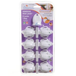 dreambaby adhesive mag locks (8-pack 1 key) - child proofing cabinet magnetic latches - white- model l859