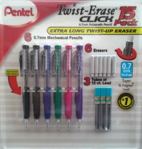 pentel twist erase click contains (6) 0.7mm automatic pencils, (6) extra long eraser refills & (3) tubes of 12 count lead, 1 lb