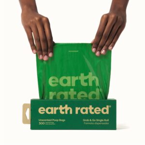 Earth Rated Dog Poop Bags, Thick Grab and Go Single Roll, Ideal for Backyard Pickups, Unscented, 300 Bags