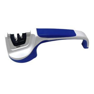 accusharp 2-stage knife sharpener, helps repair, restore, polish & hone blades, diamond-honed tungsten carbide sharpener for straight & serrated knives & cutting tools, white/blue