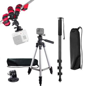 50" inch camera tripod, 72" inch monopod with quick release, 12" inch flexible tripod with wrapable disc legs, tripod mount for all gopro hero cameras & an ecostconnection microfiber cloth