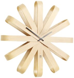 umbra ribbonwood large modern wall clock, battery operated, silent, non ticking, unique, 20" diameter x 4” width x 20" height, natural