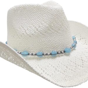 Vamuss Straw Cowboy Hat for Women with Beaded Trim and Shapeable Brim, White-Blue