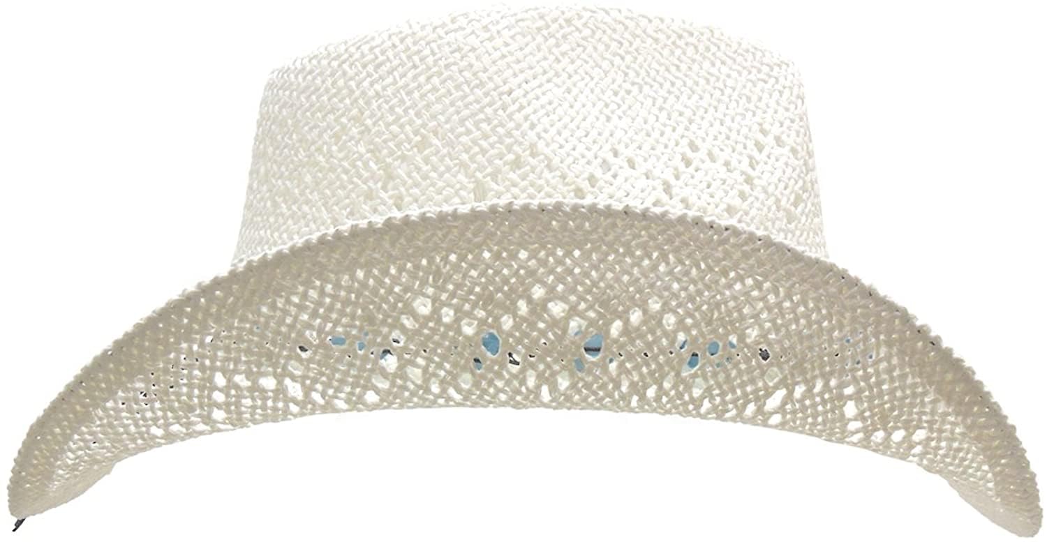 Vamuss Straw Cowboy Hat for Women with Beaded Trim and Shapeable Brim, White-Blue