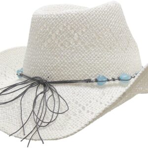 Vamuss Straw Cowboy Hat for Women with Beaded Trim and Shapeable Brim, White-Blue