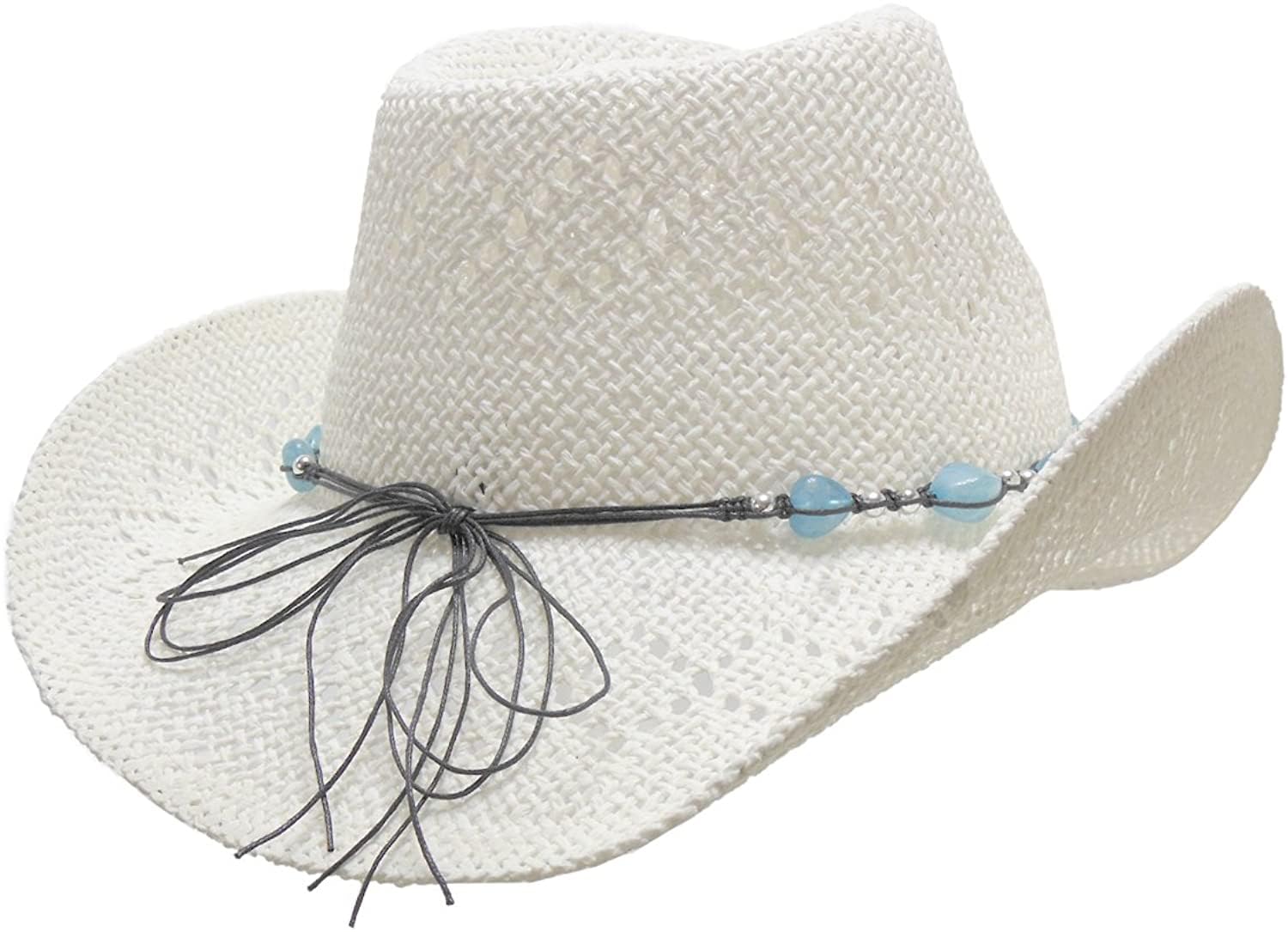 Vamuss Straw Cowboy Hat for Women with Beaded Trim and Shapeable Brim, White-Blue