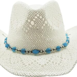 Vamuss Straw Cowboy Hat for Women with Beaded Trim and Shapeable Brim, White-Blue