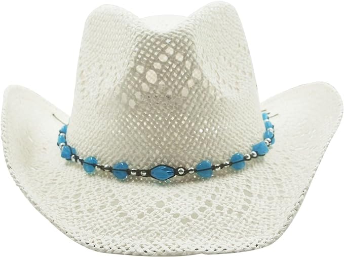 Vamuss Straw Cowboy Hat for Women with Beaded Trim and Shapeable Brim, White-Blue