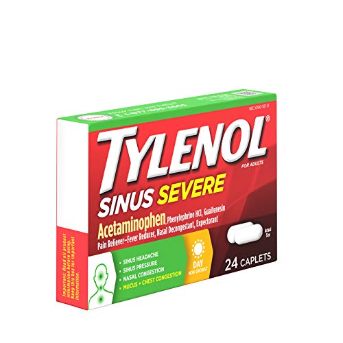 Tylenol Sinus Severe Daytime Cold & Flu Relief Medicine Caplets, Non-Drowsy Pain Reliever, Fever Reducer Expectorant & Decongestant, Acetaminophen, Guaifenesin & Phenylephrine HCl, 24 ct