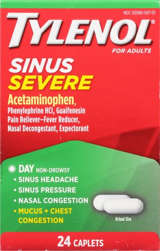 Tylenol Sinus Severe Daytime Cold & Flu Relief Medicine Caplets, Non-Drowsy Pain Reliever, Fever Reducer Expectorant & Decongestant, Acetaminophen, Guaifenesin & Phenylephrine HCl, 24 ct