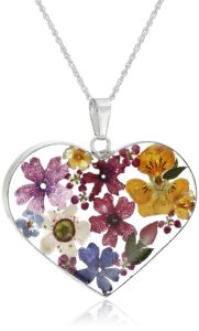 amazon essentials sterling silver multicolored pressed-flower heart pendant necklace, 18" (previously amazon collection)