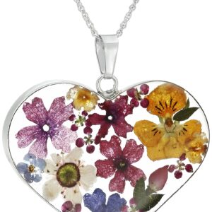 Amazon Essentials Sterling Silver Multicolored Pressed-Flower Heart Pendant Necklace, 18" (previously Amazon Collection)