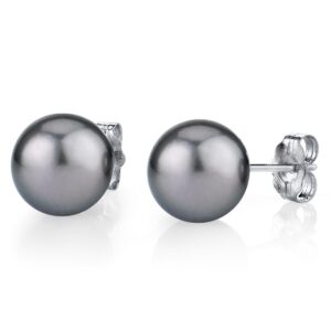 THE PEARL SOURCE 14K Gold 8-9mm Round Silver Tahitian South Sea Cultured Pearl Stud Earrings for Women