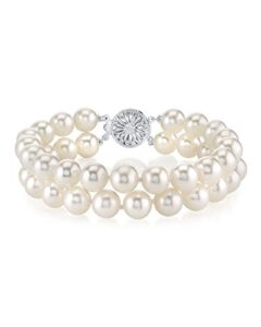 the pearl source 14k gold 7-8mm aaa quality round white double freshwater cultured pearl bracelet for women