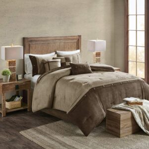 madison park boone cozy comforter set, faux suede, deluxe hotel styling all season down alternative bedding matching shams, decorative pillow, california king (104 in x 92in), rustic brown 7 piece