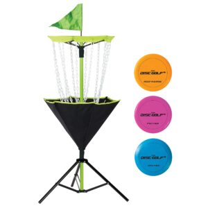 franklin sports disc golf basket + discs set - portable disc golf target basket with chains - 3 discs included - driver, mid-range + putter