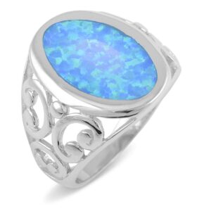 silvercloseout sterling silver oval created blue opal cocktail ring - size 4