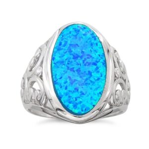 SILVERCLOSEOUT Sterling Silver Oval Created Blue Opal Cocktail Ring - Size 4