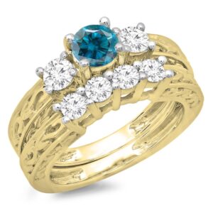 dazzlingrock collection 1.50 carat (ctw) 14k blue & white diamond 3 stone wedding ring set 1 1/2 ct, yellow gold, size 8.5