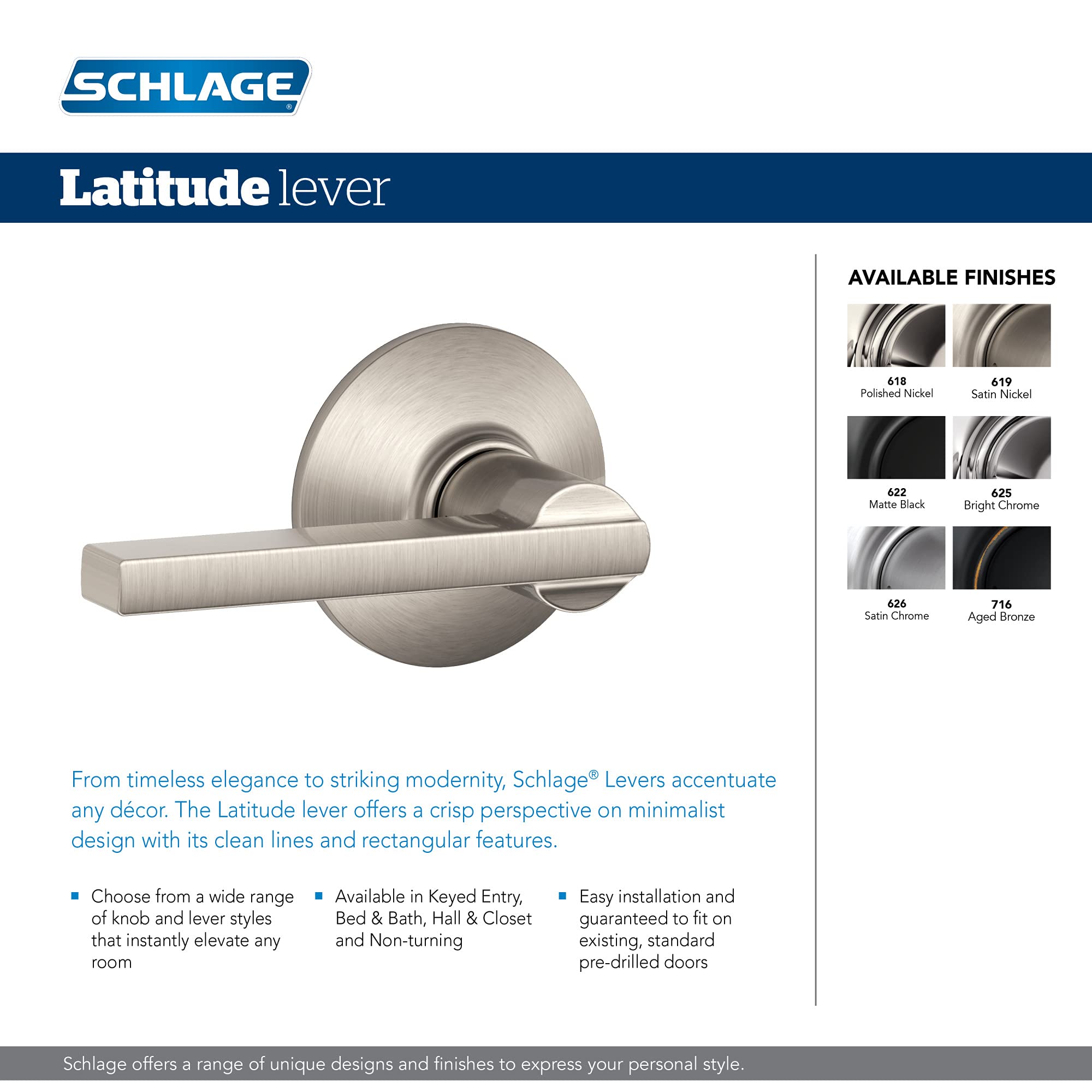 Schlage F10 LAT 622 CEN Latitude Door Lever with Century Trim, Hall & Closet Passage Lock, Matte Black